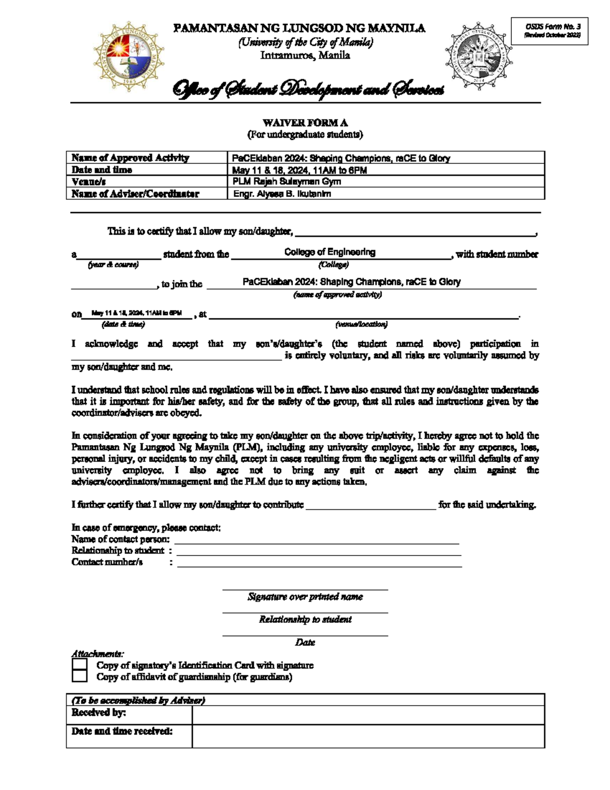 Basketball- Waiver-FORM - Civil Engineering - Studocu