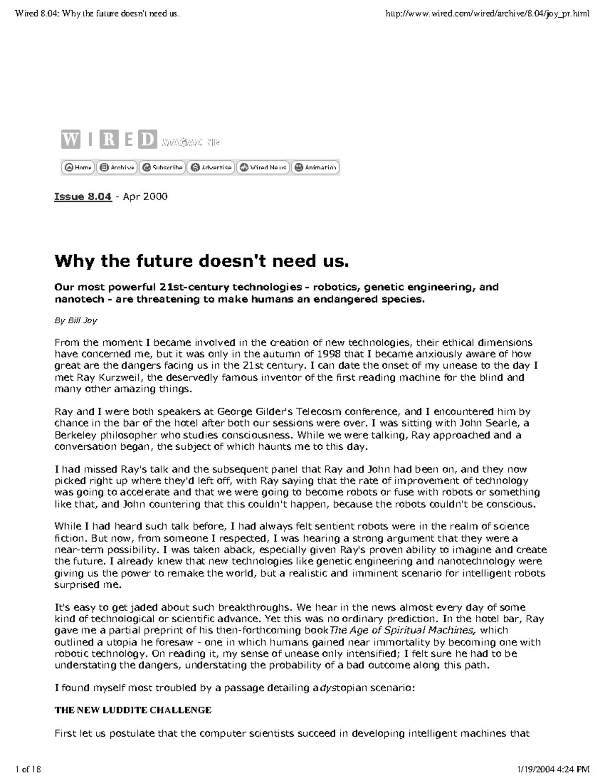 Why the Future Doesn't Need Us (Billy Joy, 2000 ) - - Studocu