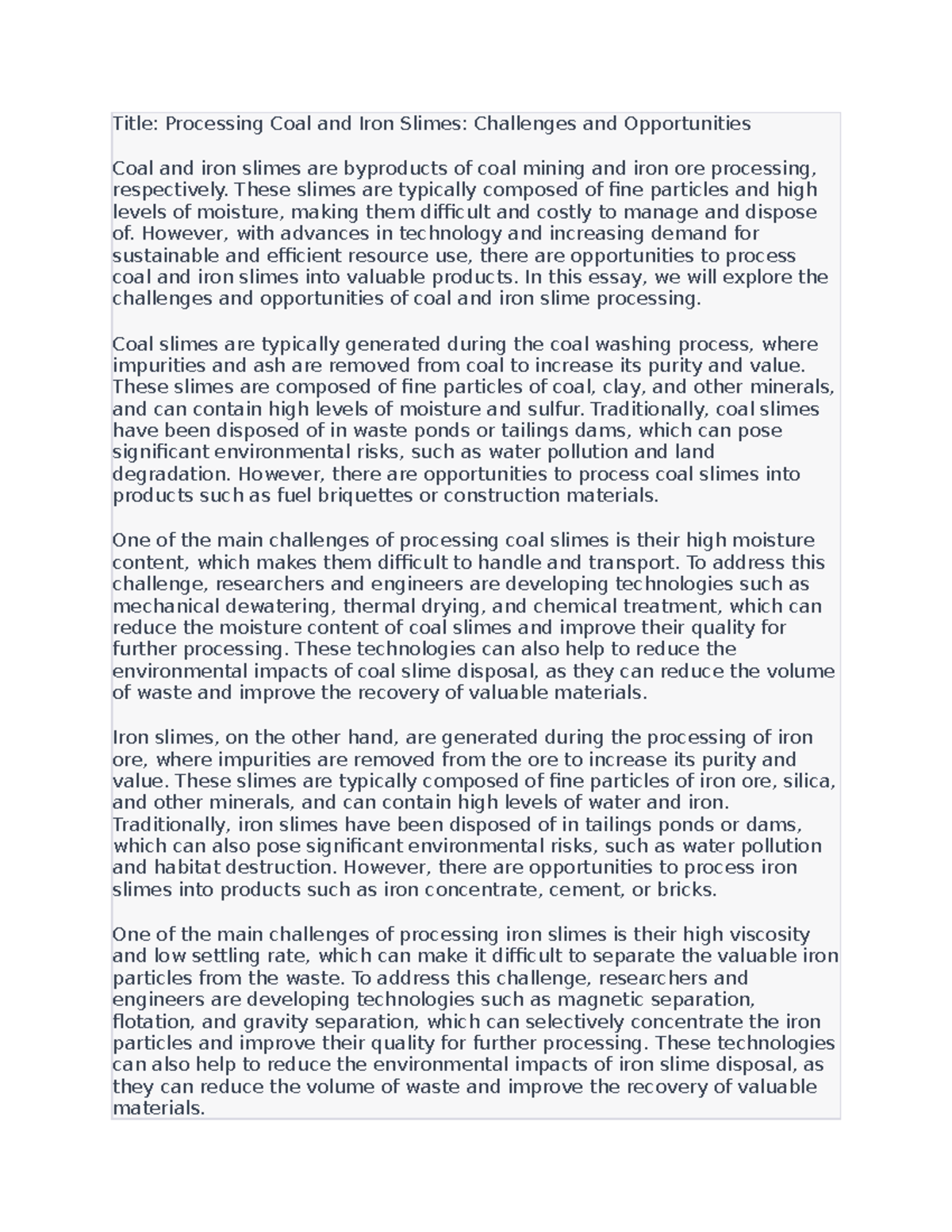 Processing Coal and Iron Slimes - Challenges and Opportunities - These ...