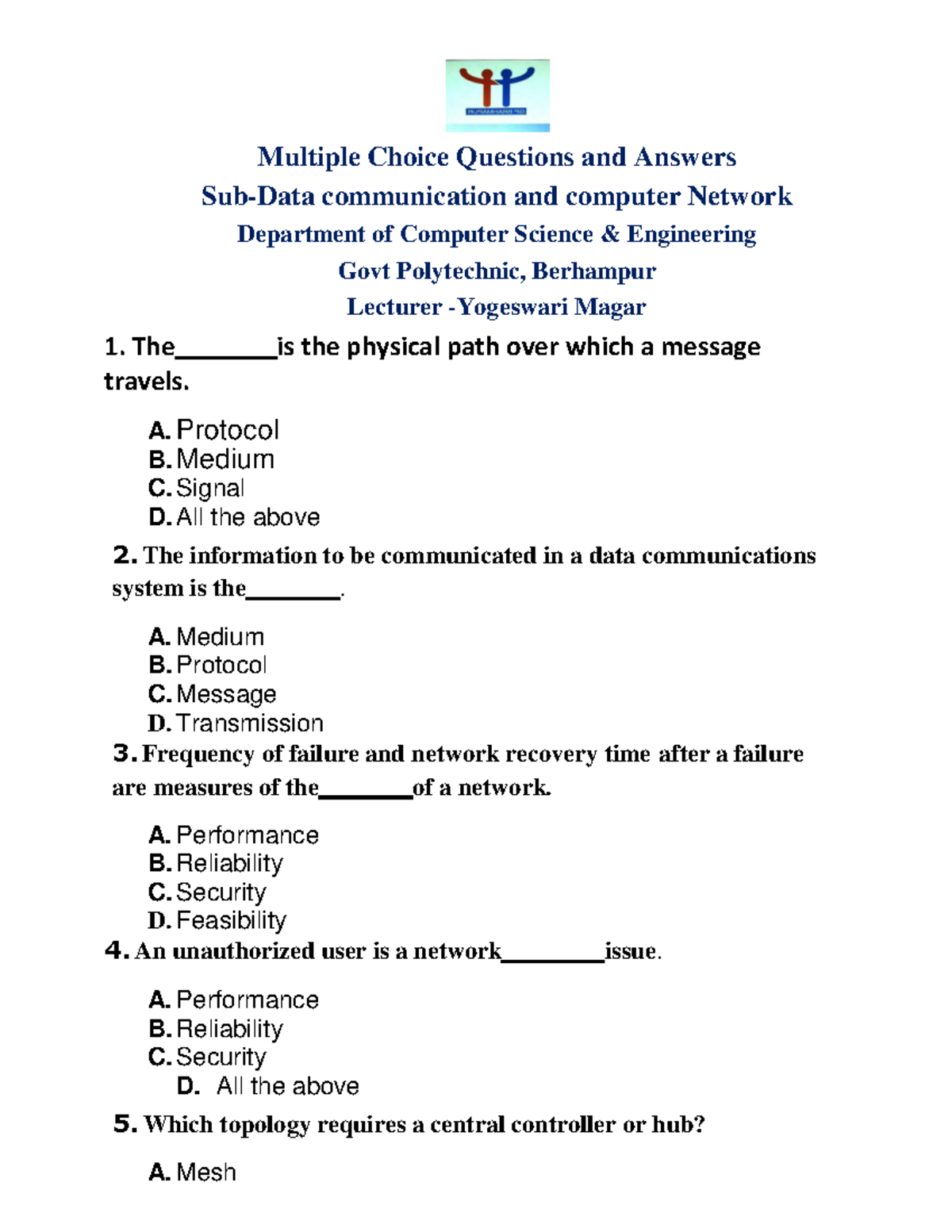 Data communiction mcqs - Multiple Choice Questions and Answers Sub-Data ...