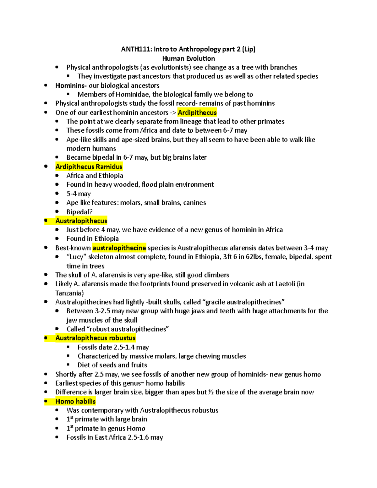Human Evolution Notes - Professor Lipo - ANTH111: Intro to Anthropology ...