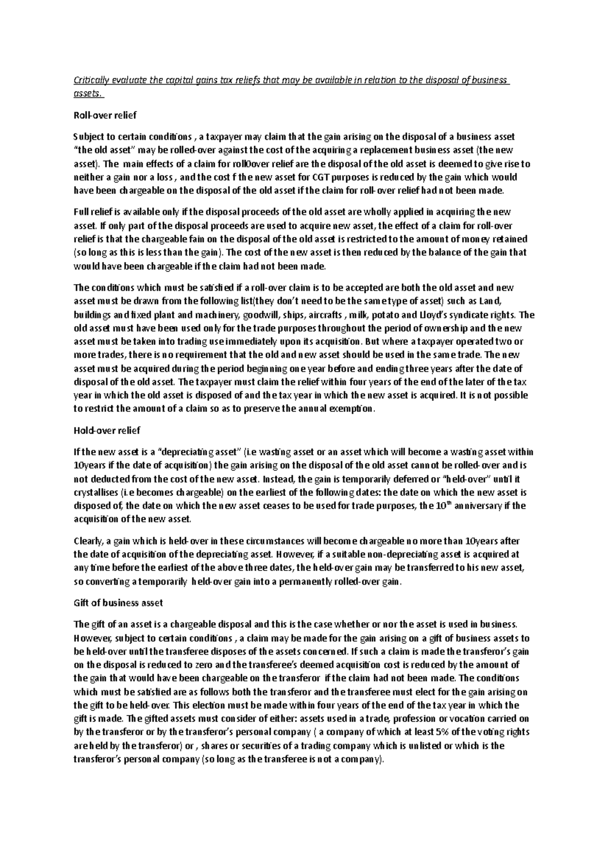 Topic 3-Capital gains relief theory - Critically evaluate the capital ...