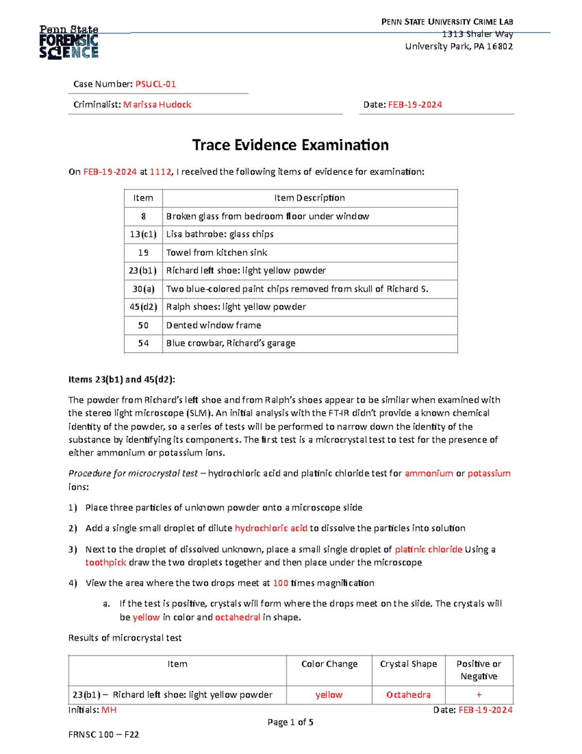 Case Notes - Trace Evidence Exam-1 - 1313 Shaler Way University Park ...