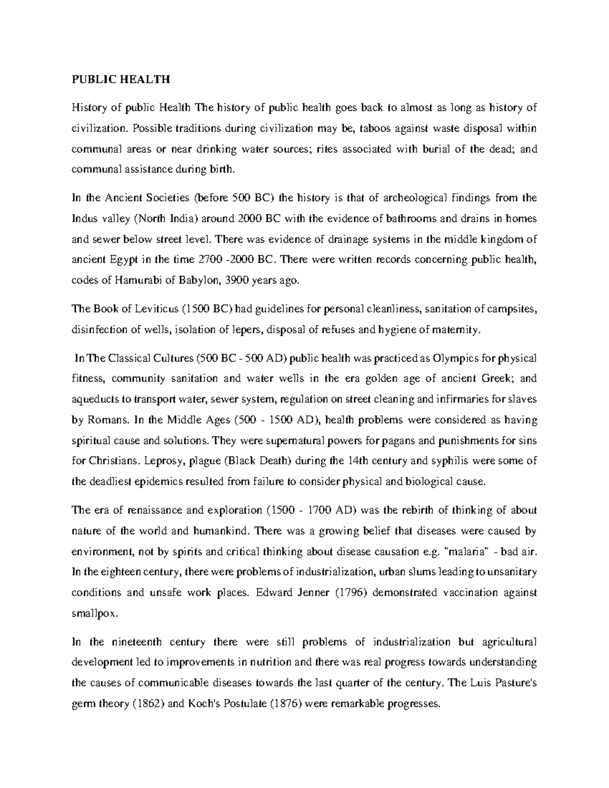 Health and hygiene - PUBLIC HEALTH History of public Health The history ...