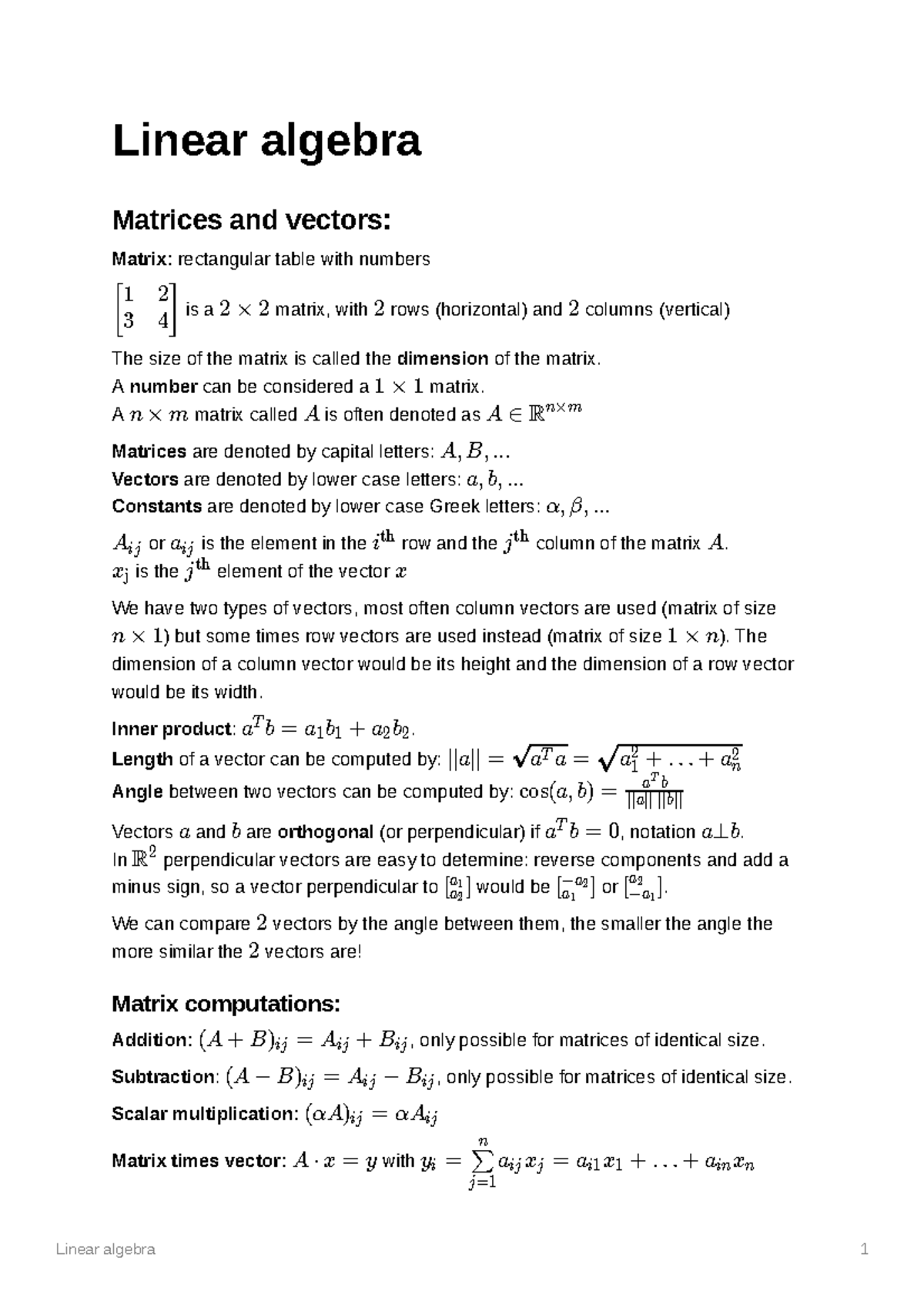 Lineaire algebra - Linear algebra Matrices and vectors: Matrix ...