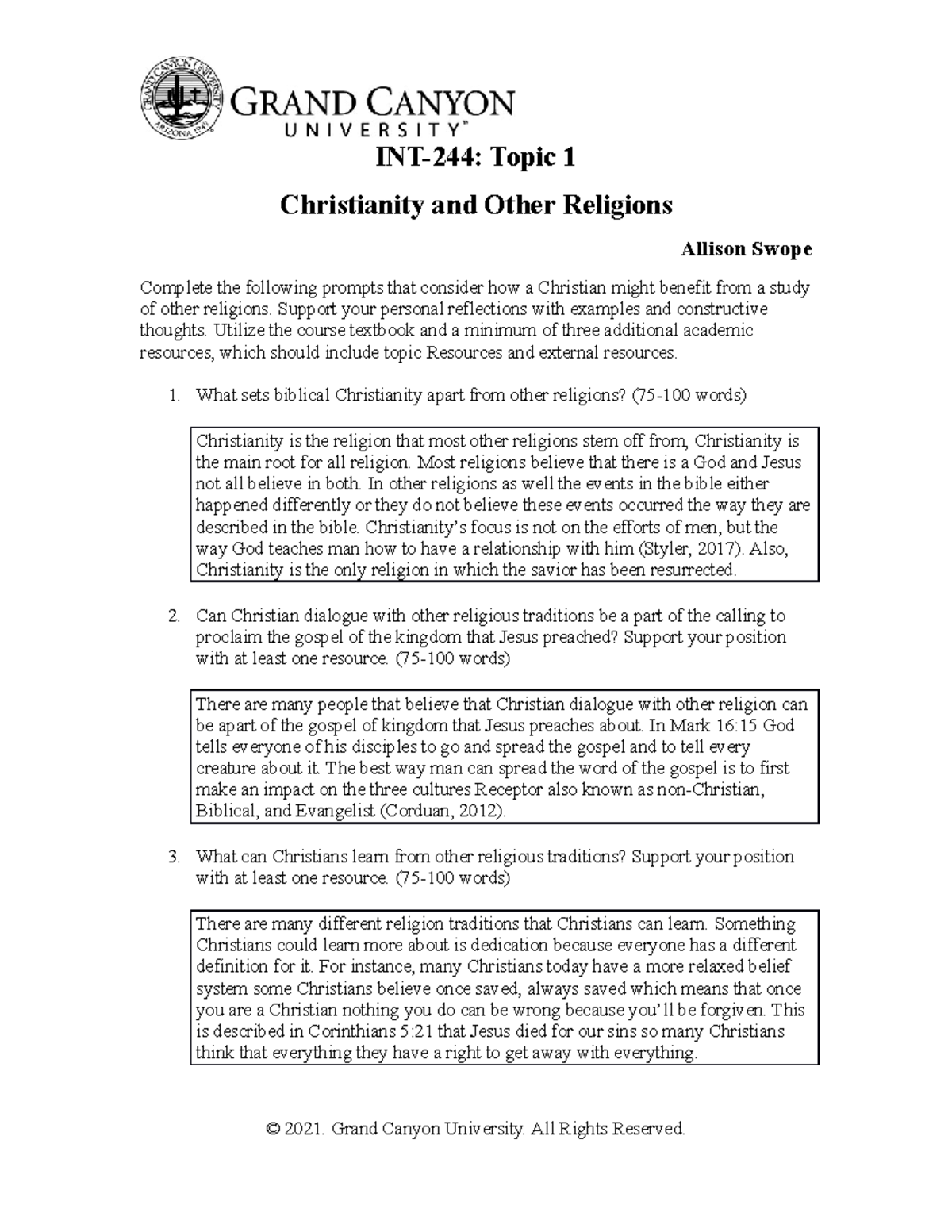 Christianityand Other Religions - INT-244: Topic 1 Christianity and ...