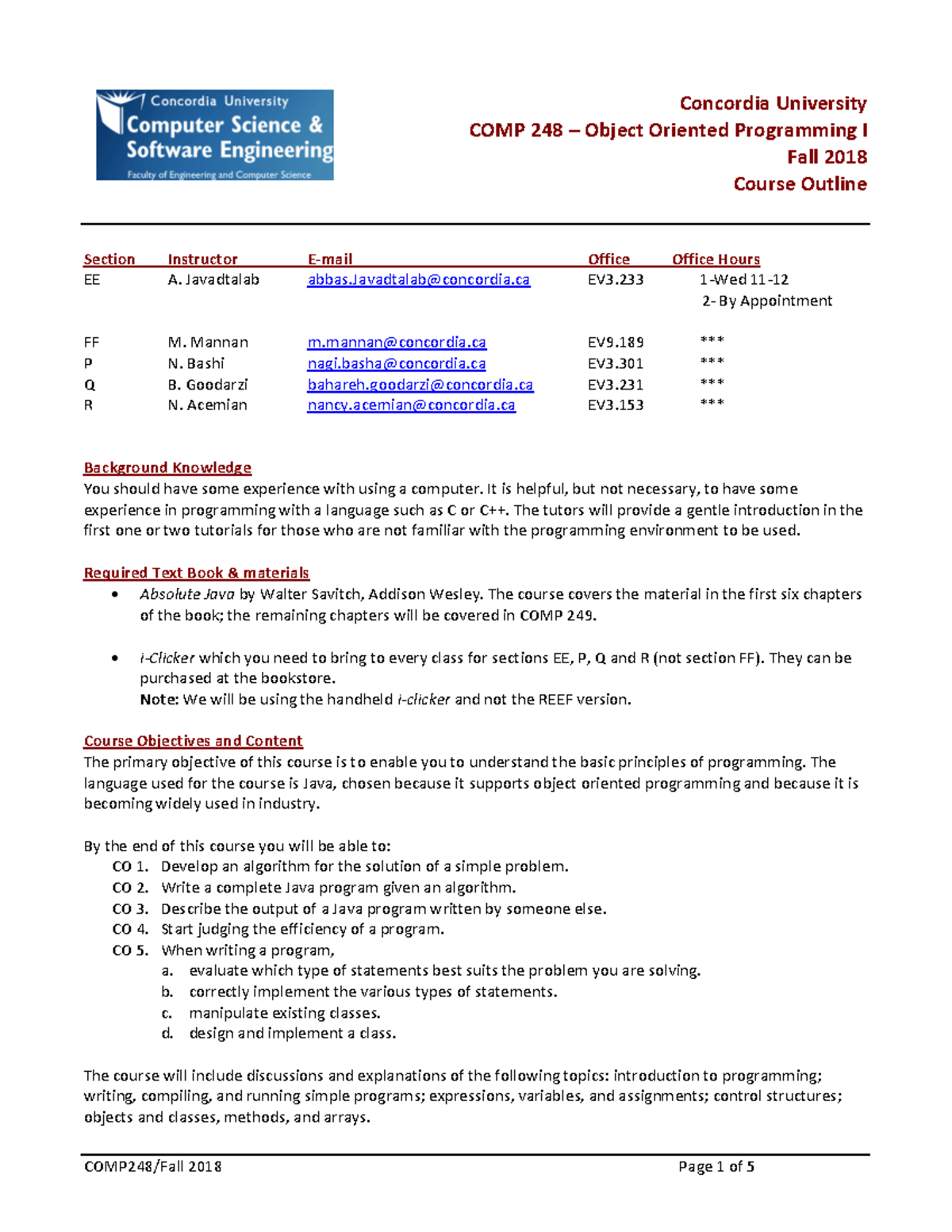 Comp248 Fall2018 Outline Concordia University Comp 248 Object Oriented Programming I Fall 2018