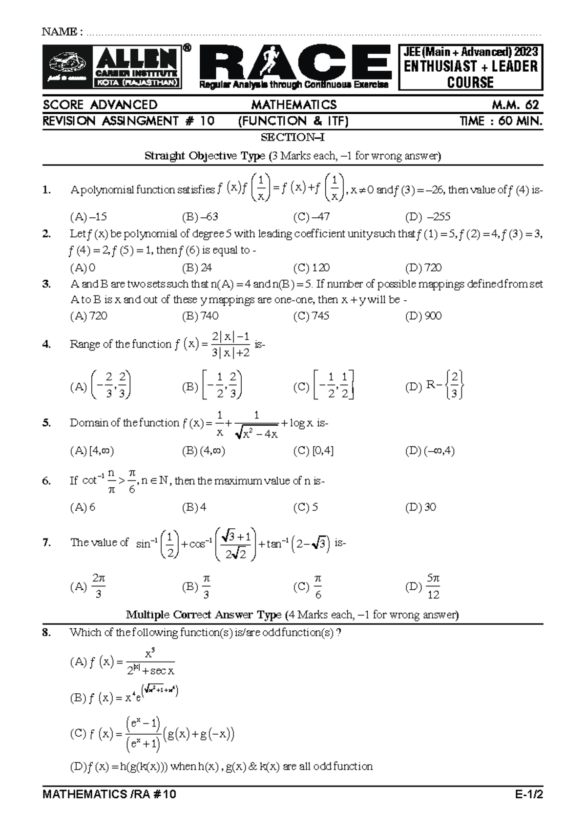 10 RA (Function ITF) E - MATHEMATICS /RA # 10 E-1/ JEE (Main + Advanced ...