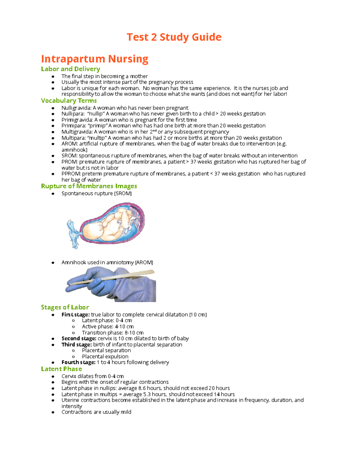 OB Test 2 - Test 2 Study Guide Intrapartum Nursing Labor and Delivery ...