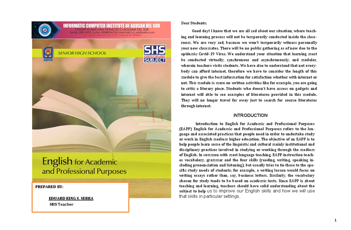 EAPP- Module-LONG - this is it - Dear Students; Good day! I know that ...