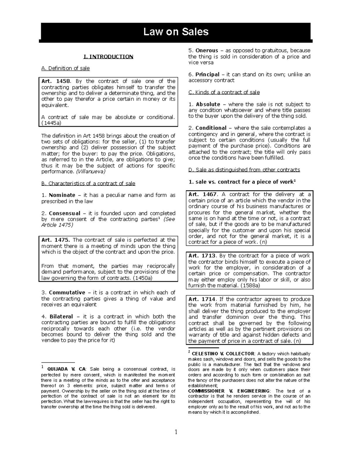 LAW ON SALES REVIEWER I INTRODUCTION A Definition Of Sale Art 1458