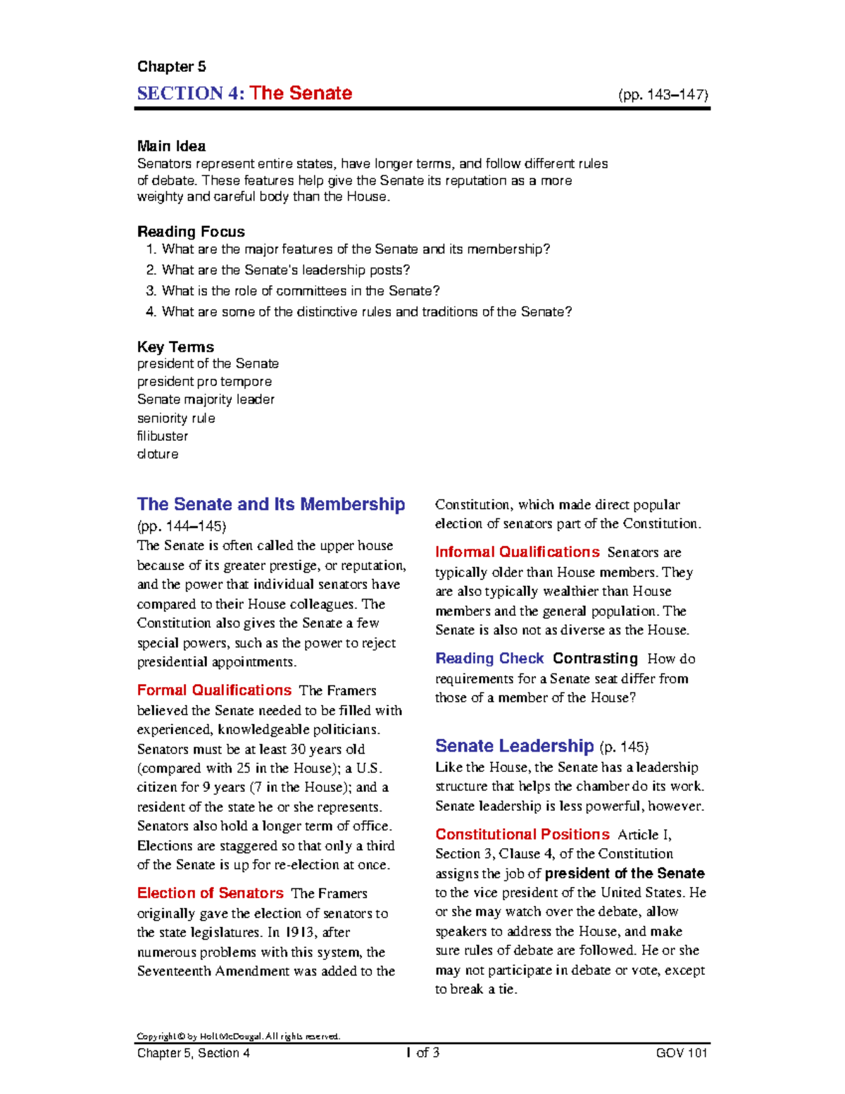 Holt Mcdougal Chapter 5 Section 4 - Chapter 5 SECTION 4: The Senate (pp. 143–147) Copyright © by ...