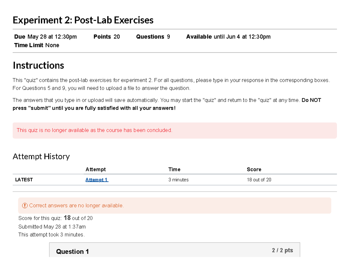 Experiment 2 Post-Lab Exercises Synthesis Lab I - CHEM-2380-A ...