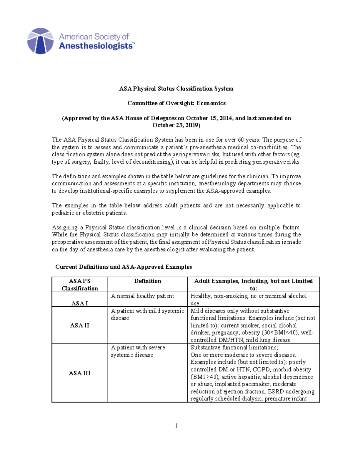 Clasificacion ASA - 1 ASA Physical Status Classification System ...