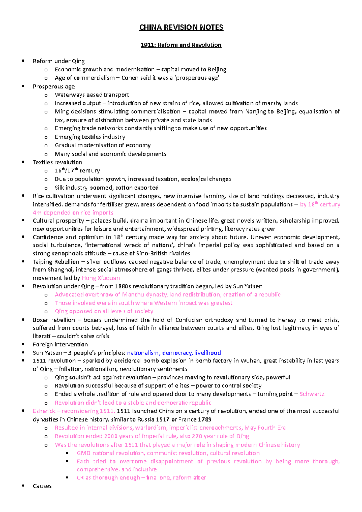 China Revision Notes - CHINA REVISION NOTES 1911: Reform and Revolution ...