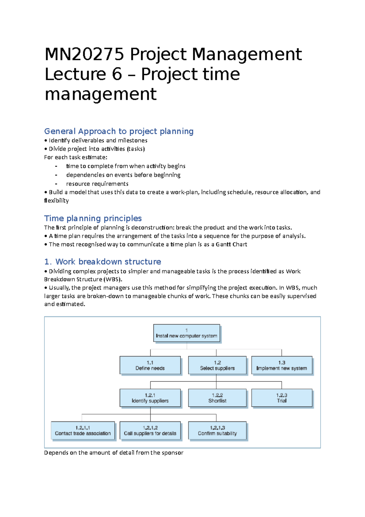 MN20275 Project Management Lecture 6 - A time plan requires the ...