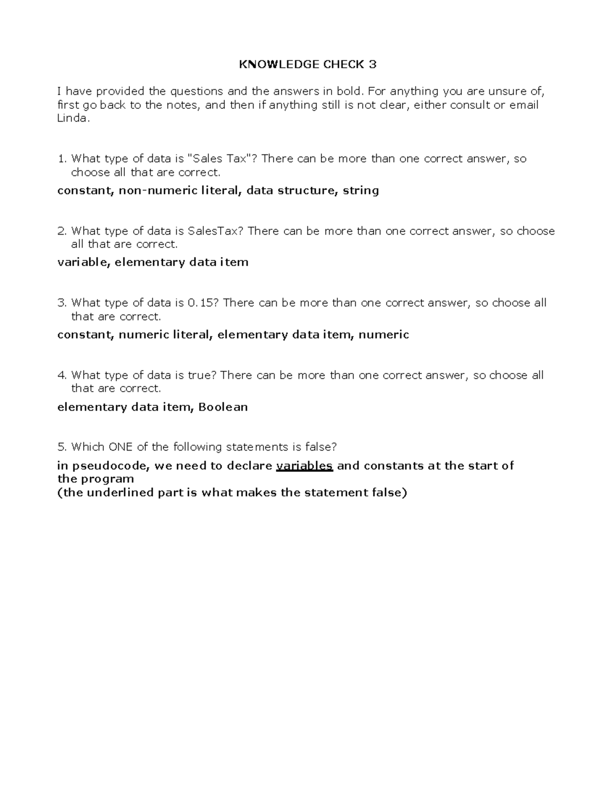 Knowledge check 3 answers - KNOWLEDGE CHECK 3 I have provided the ...