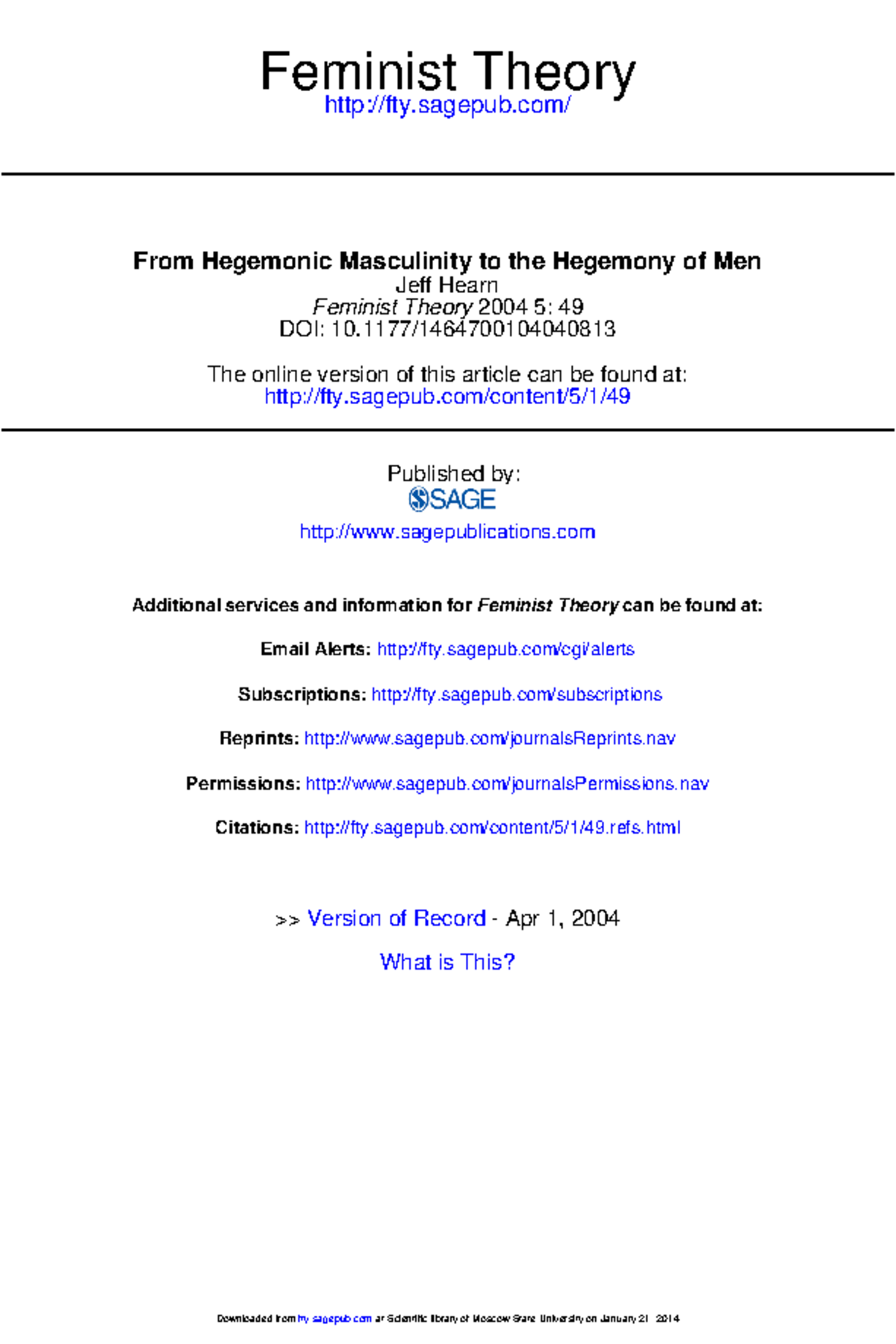 From Hegemonic Masculinity to the Hegemony of men by Jeff Hearn - fty ...