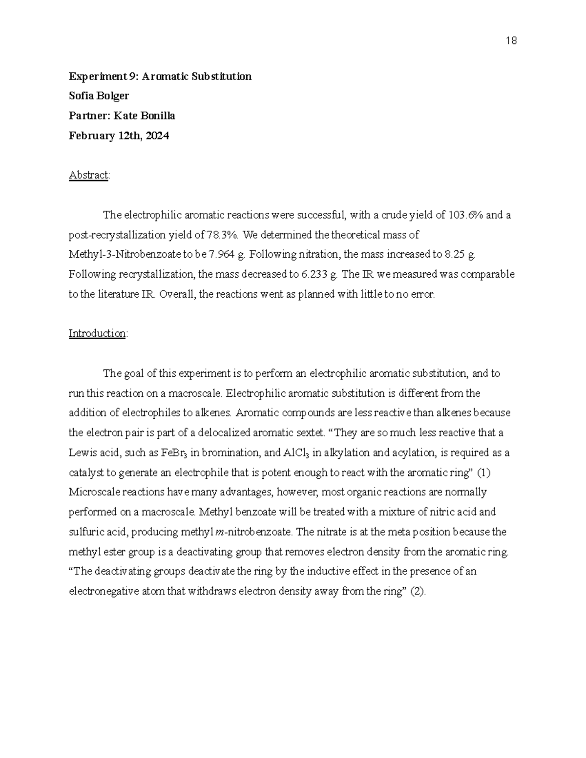 Expt 9 Report aromatic substitution - Experiment 9: Aromatic ...