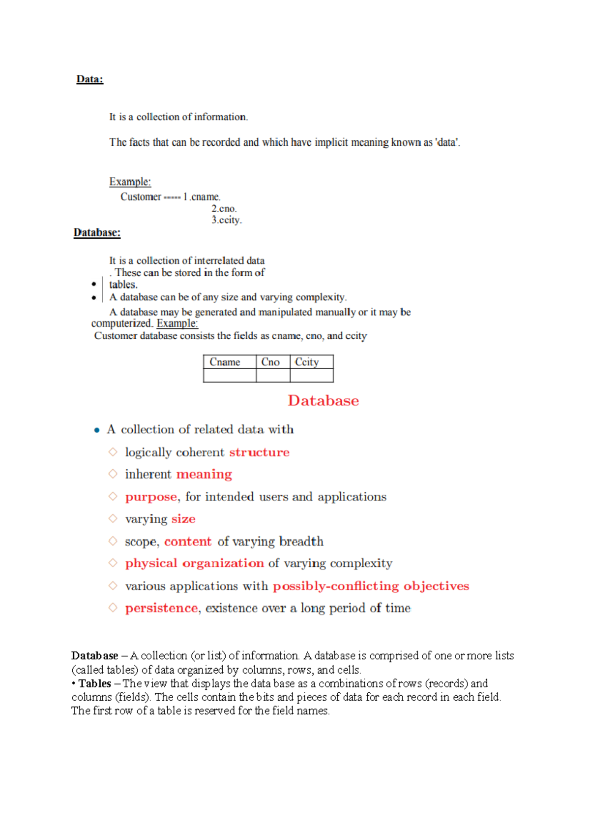 Database A Database Is Comprised Of One Or More Lists Called Tables