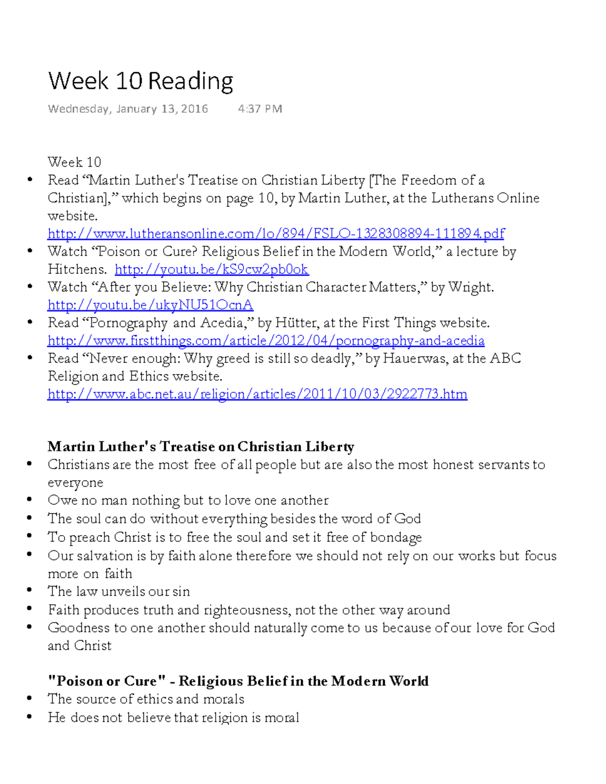 Week 10 Reading - Week 10 Reading Wednesday, January 13, 2016 ...