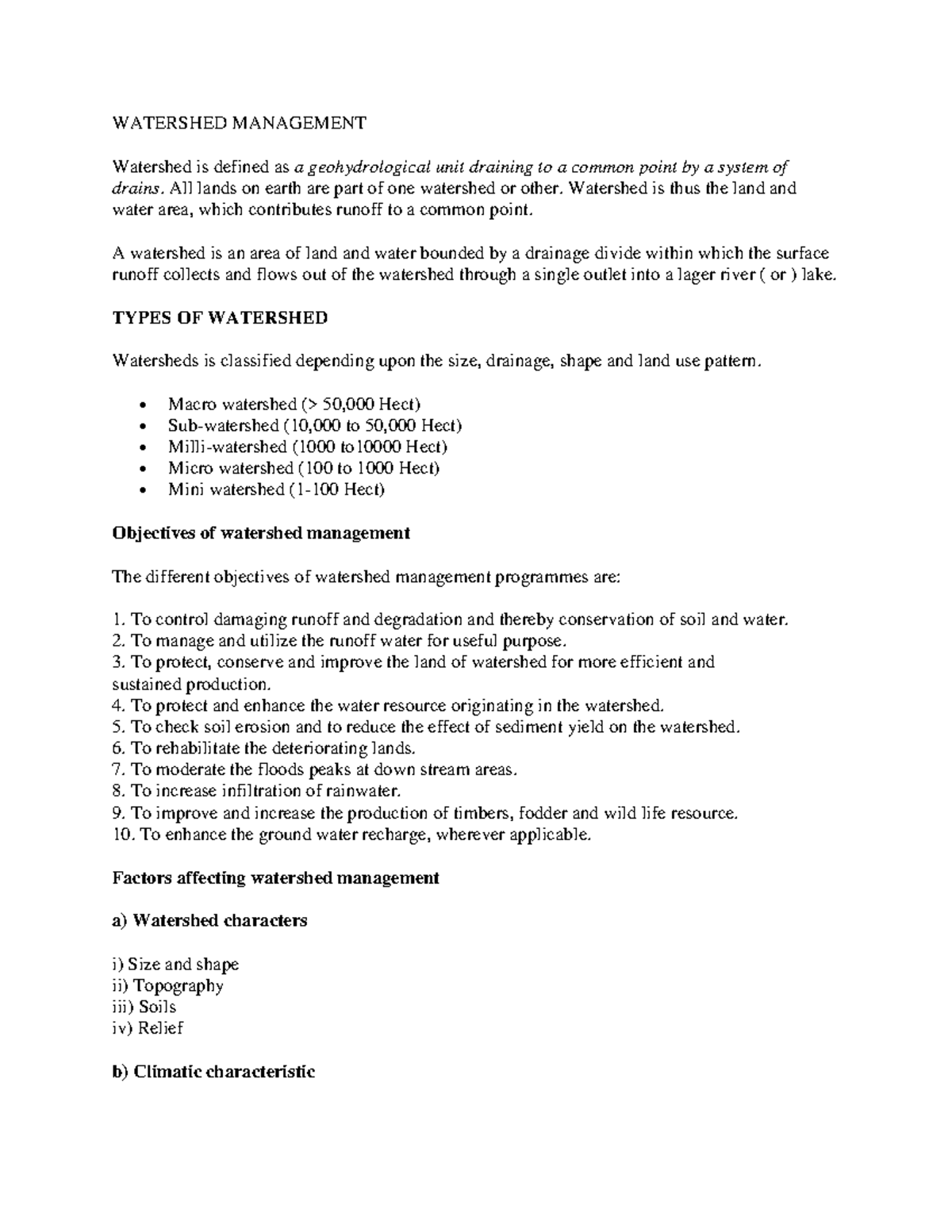 Watershed 1 - WATERSHED MANAGEMENT Watershed is defined as a ...