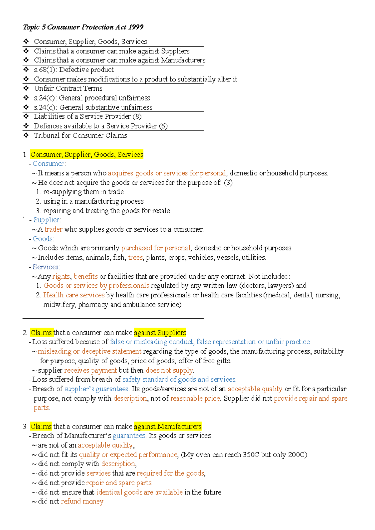 BL Notes Topic 5 Consumer Protection Act - Topic 5 Consumer Protection ...