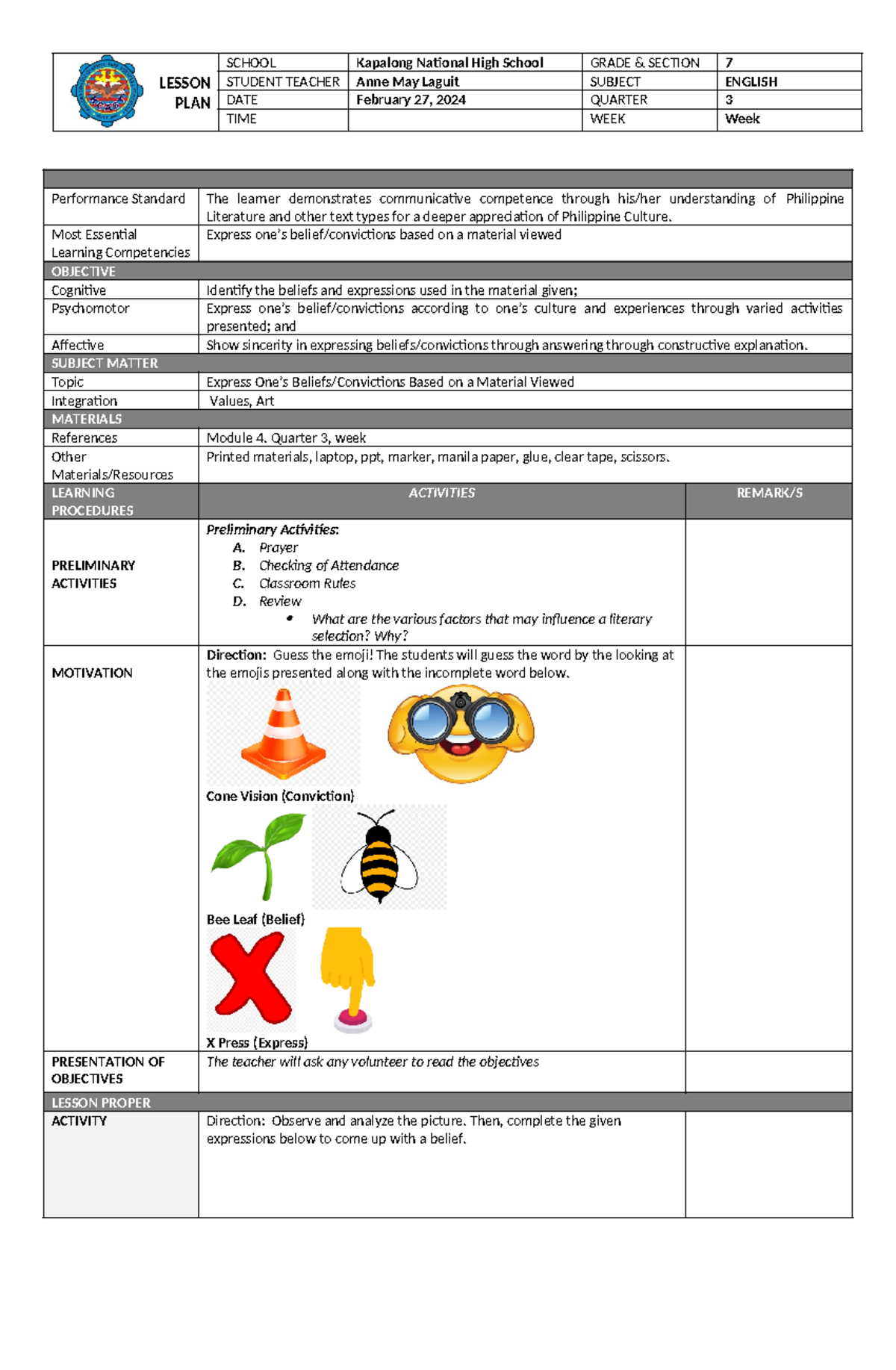 Lp4 - LESSON PLAN SCHOOL Kapalong National High School GRADE & SECTION ...