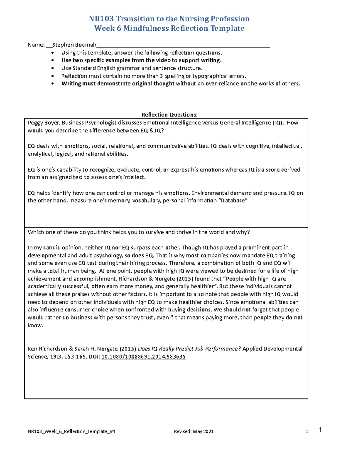 NR103 Week6 Reflection Template May2021 - NR103 Transition to the ...