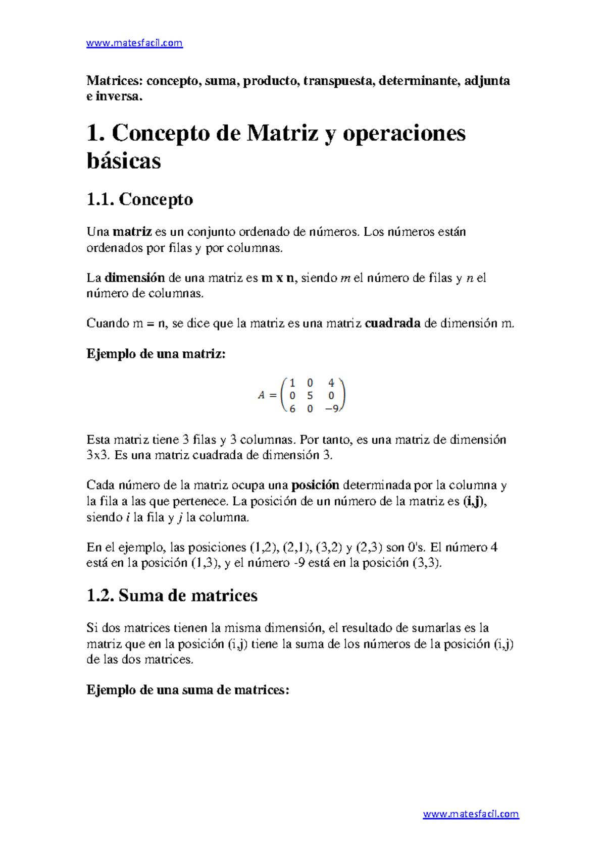 Matrices resumen - SDFGH - Matrices: concepto, suma, producto ...