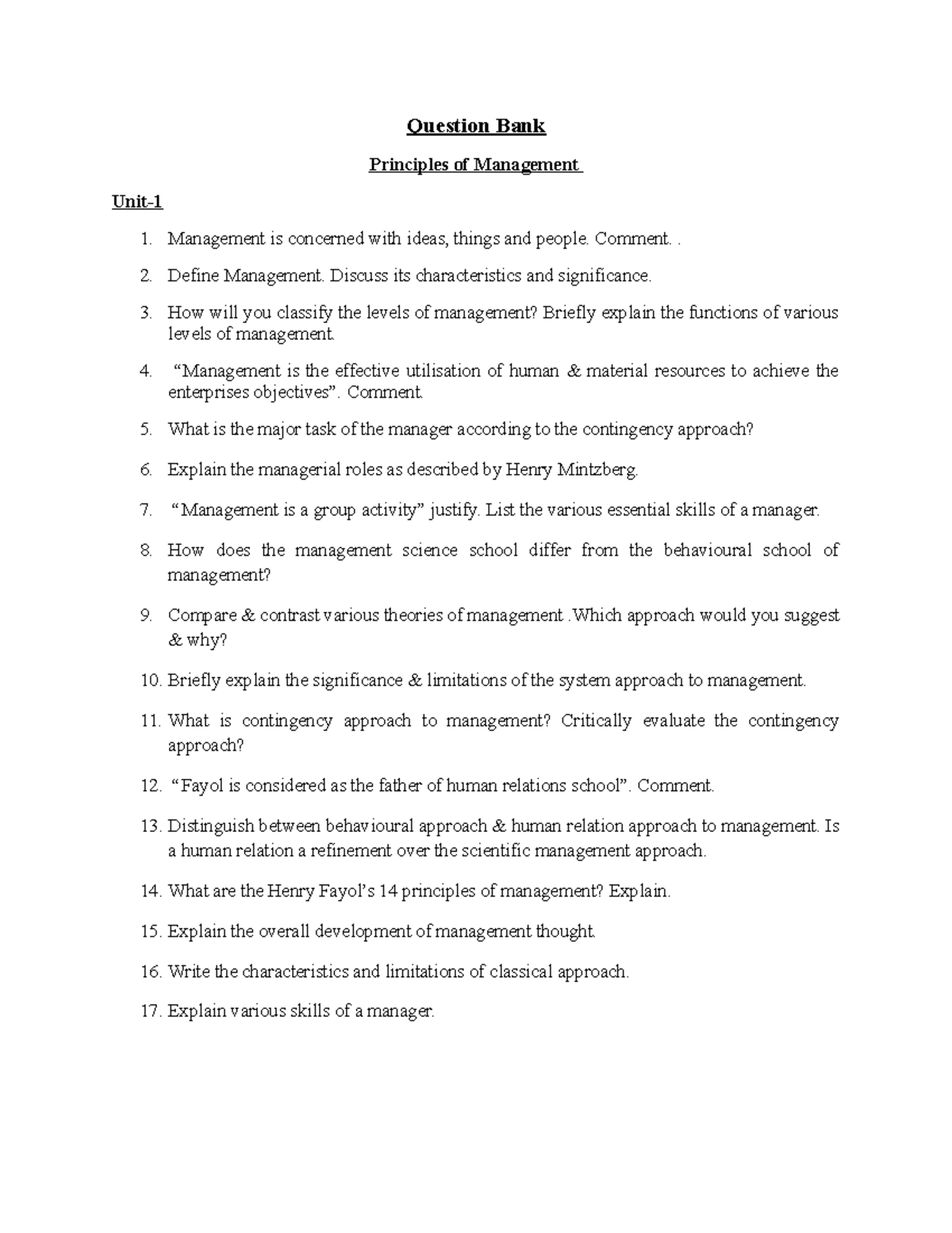 Question Bank (Unit - 1 to 4) - POM - Question Bank Principles of ...