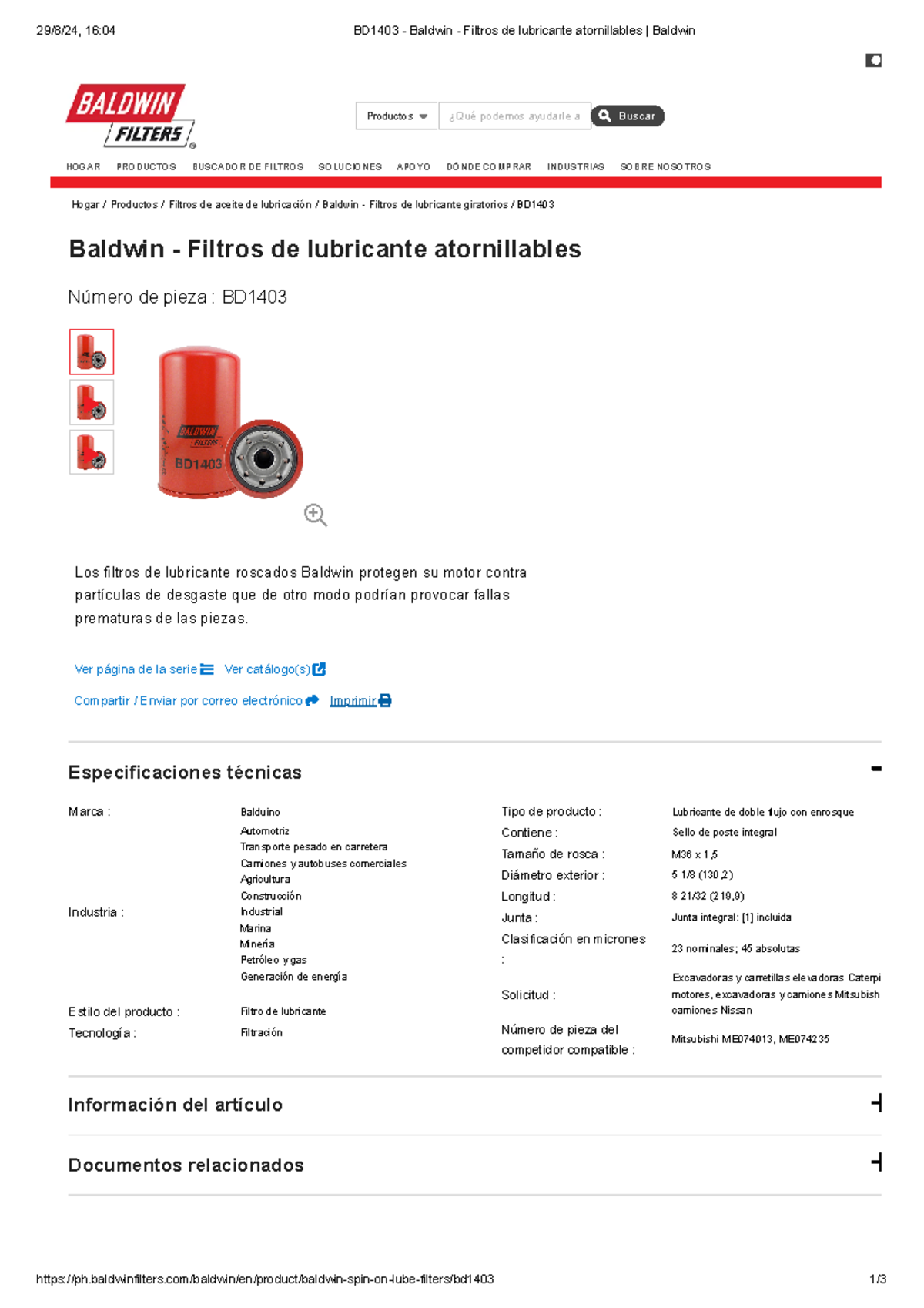 BD1403 - Baldwin - Filtros de lubricante atornillables Baldwin - Hogar ...