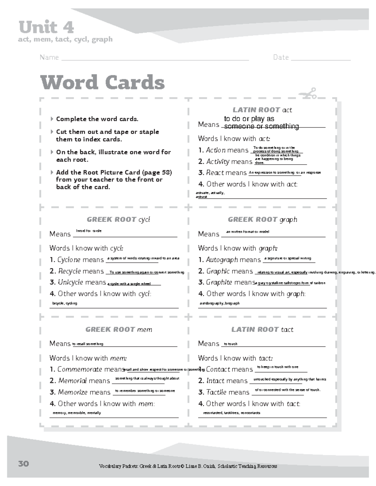 Unit Four Root Words Cards - 30 Name