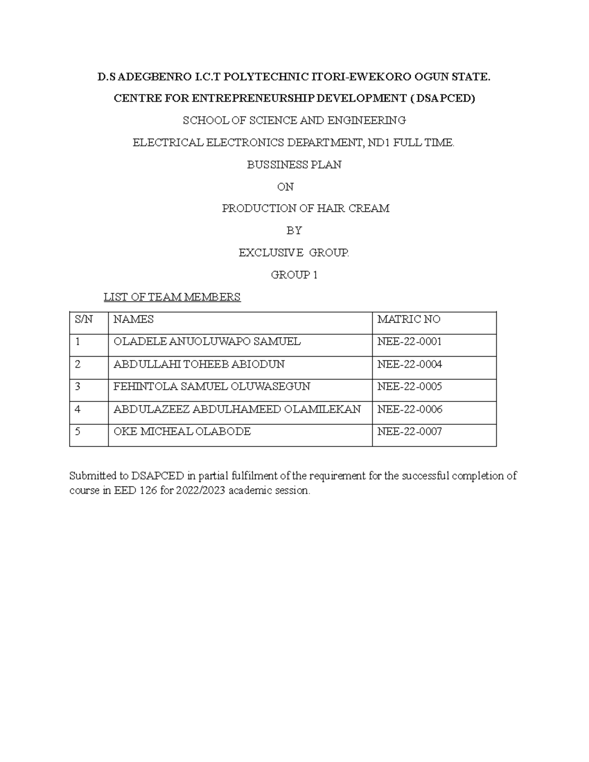 Business PLAN - D ADEGBENRO I.C POLYTECHNIC ITORI-EWEKORO OGUN STATE ...