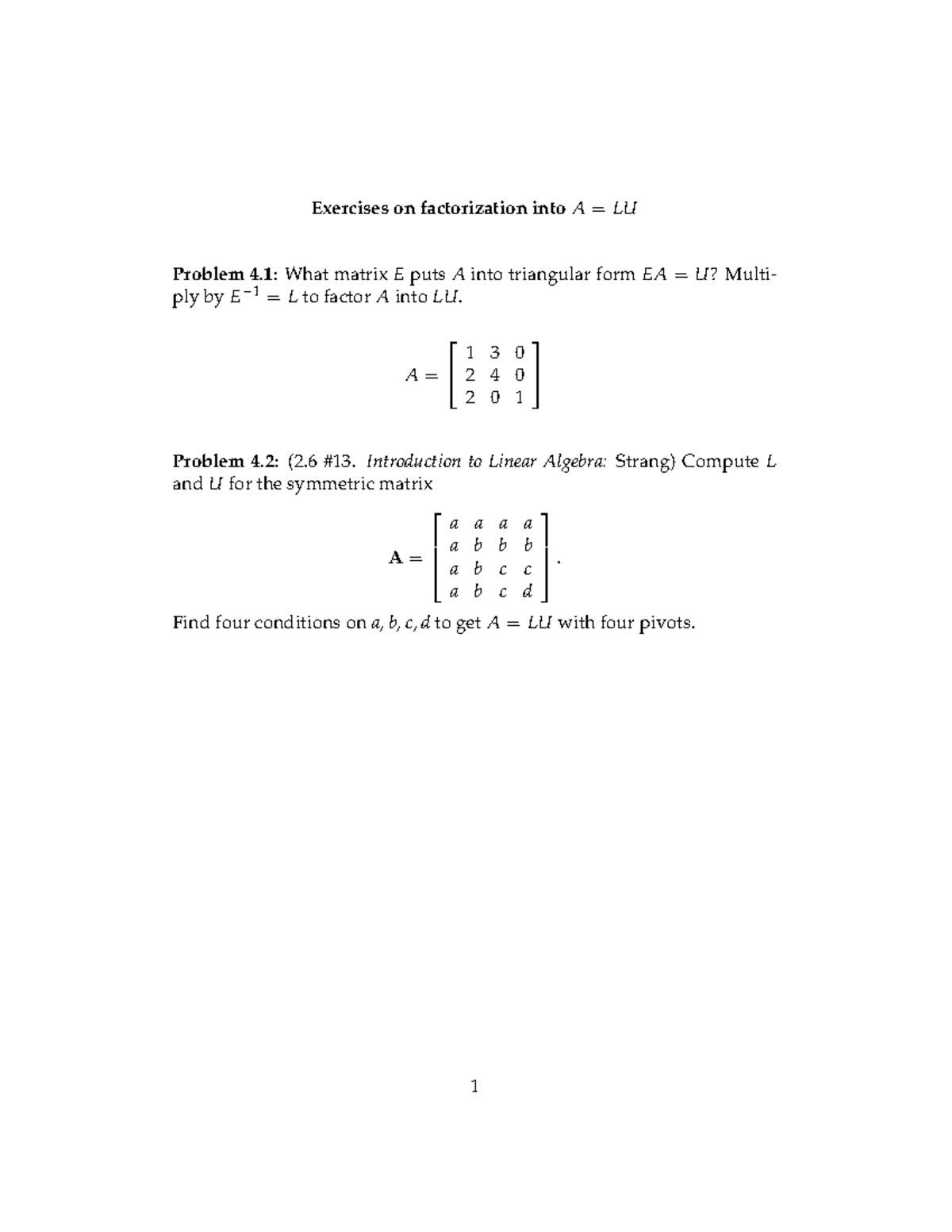 Lecture Practice Problems - Exercises on factorization into A = LU ...