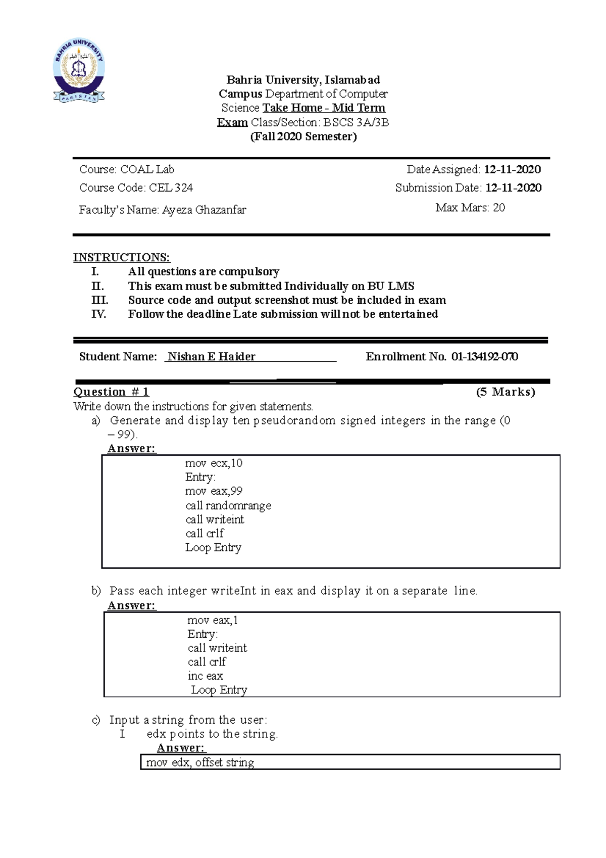 Coal Lab Mid.docx - Bahria University, Islamabad Campus Department of ...