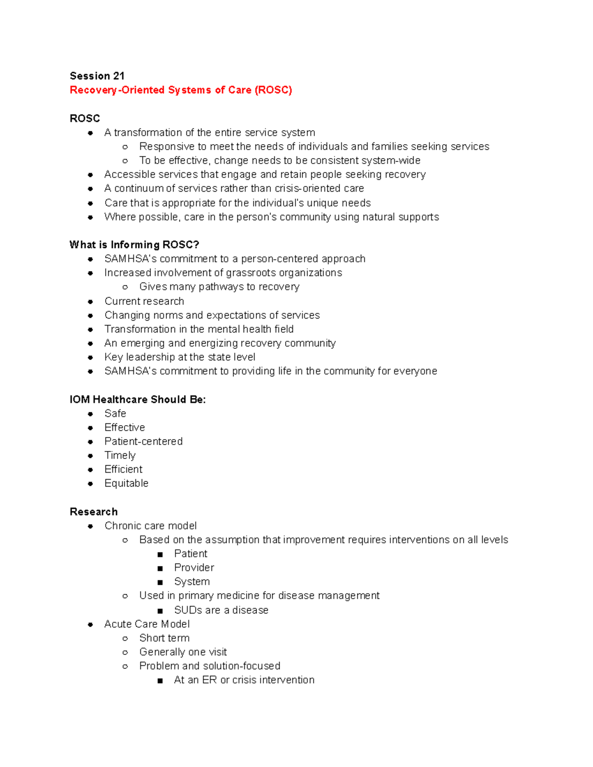 Soc Work 453 Exam 3 - Session 21 Recovery-Oriented Systems of Care ...