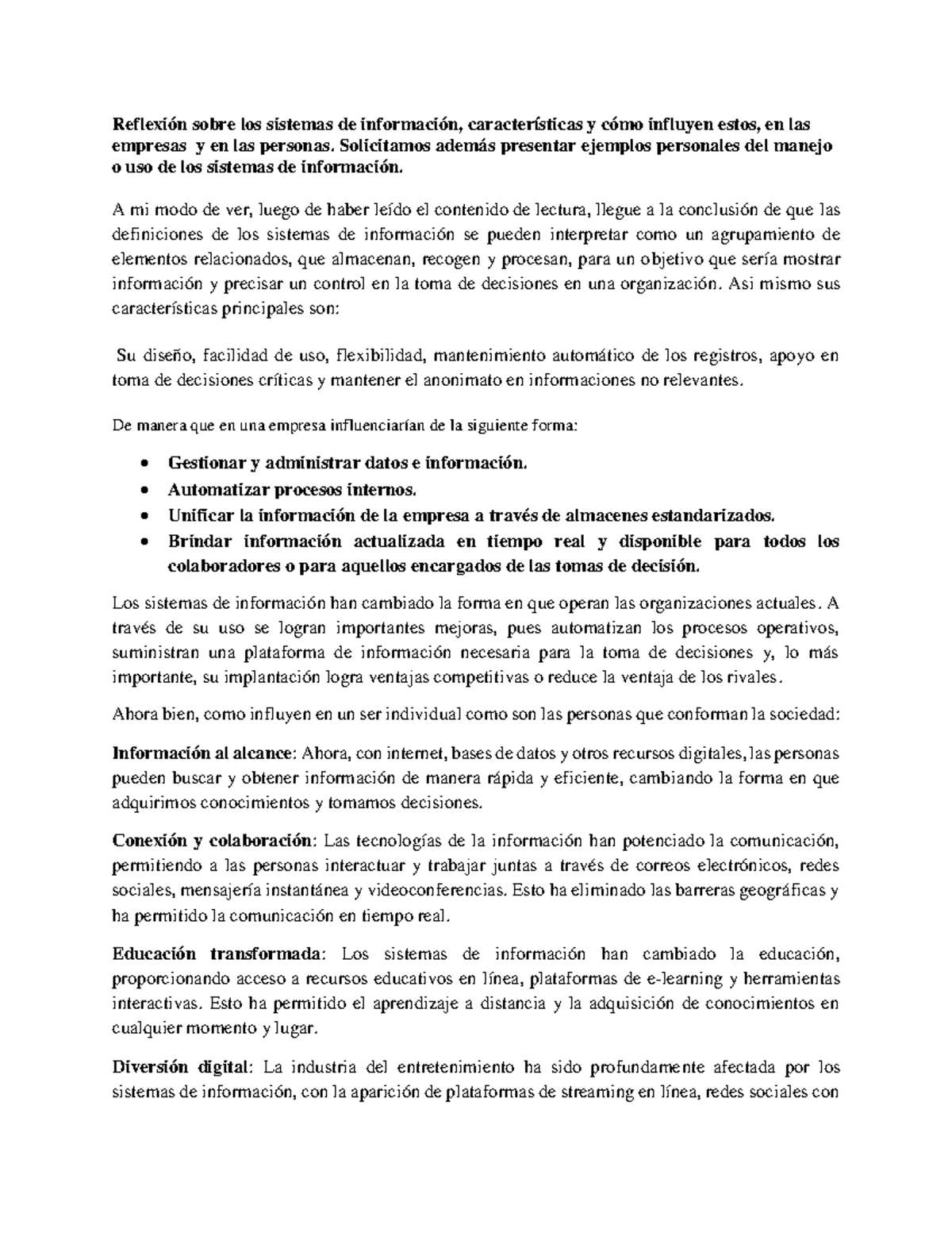 Tarea de informatica - Reflexión sobre los sistemas de información ...