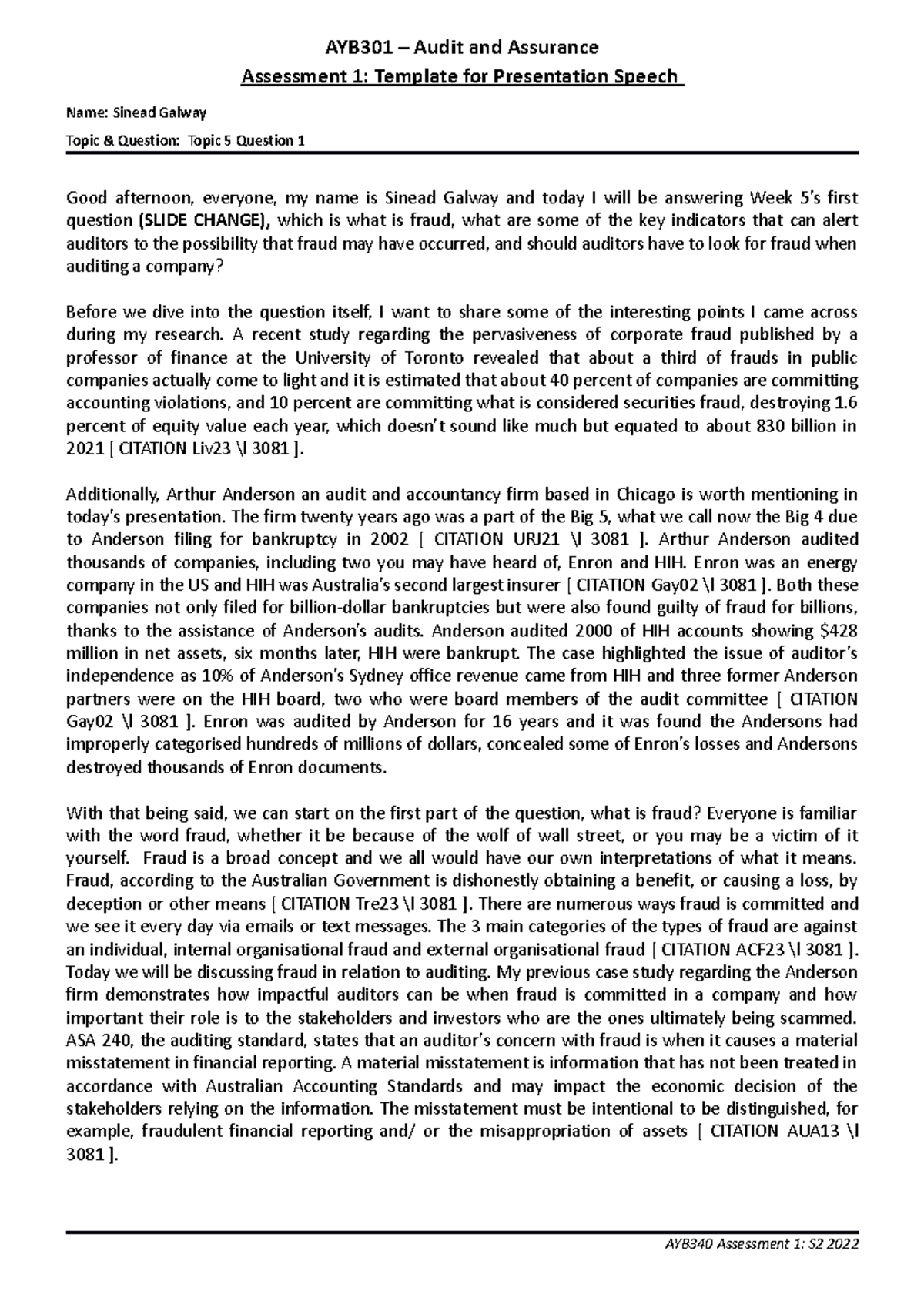 AYB301 Speech - AYB301 – Audit and Assurance Assessment 1: Template for ...