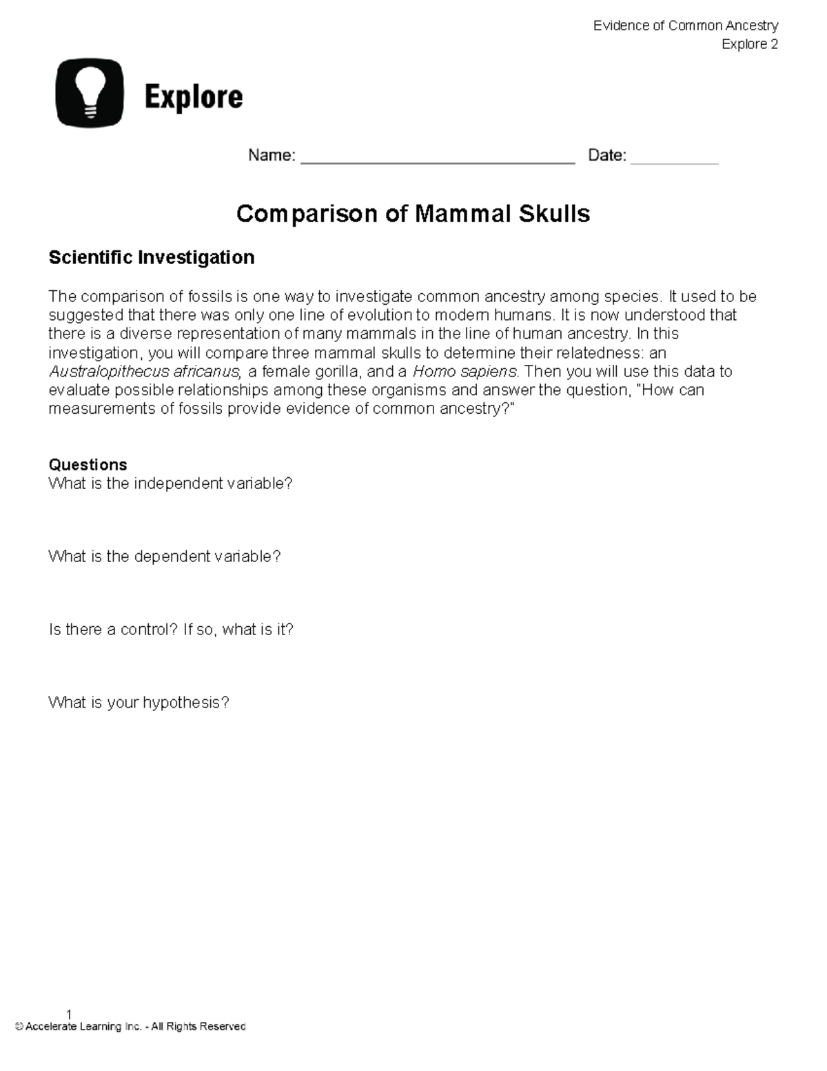 Evidenceof Common Ancestry Explore 2Investigation Comparisonof Mammal ...