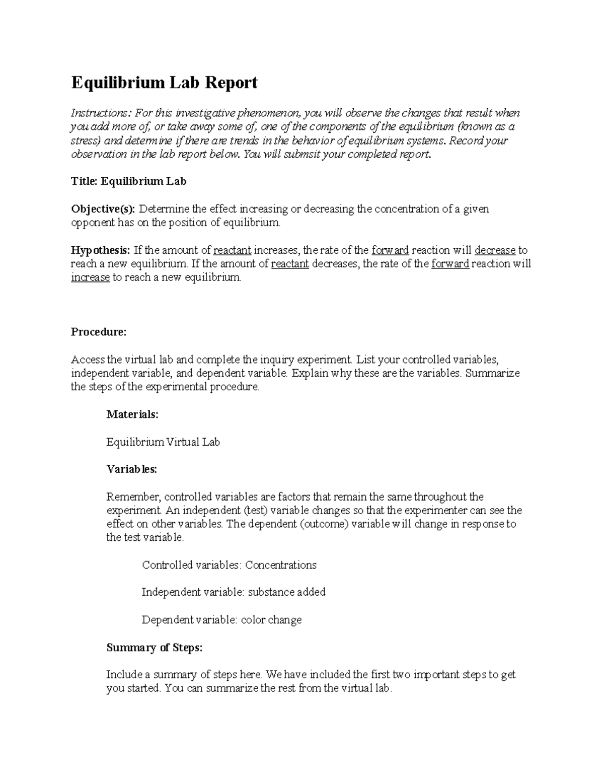 07 06 lab report - Chemistry 1 V18 - Equilibrium Lab Report ...