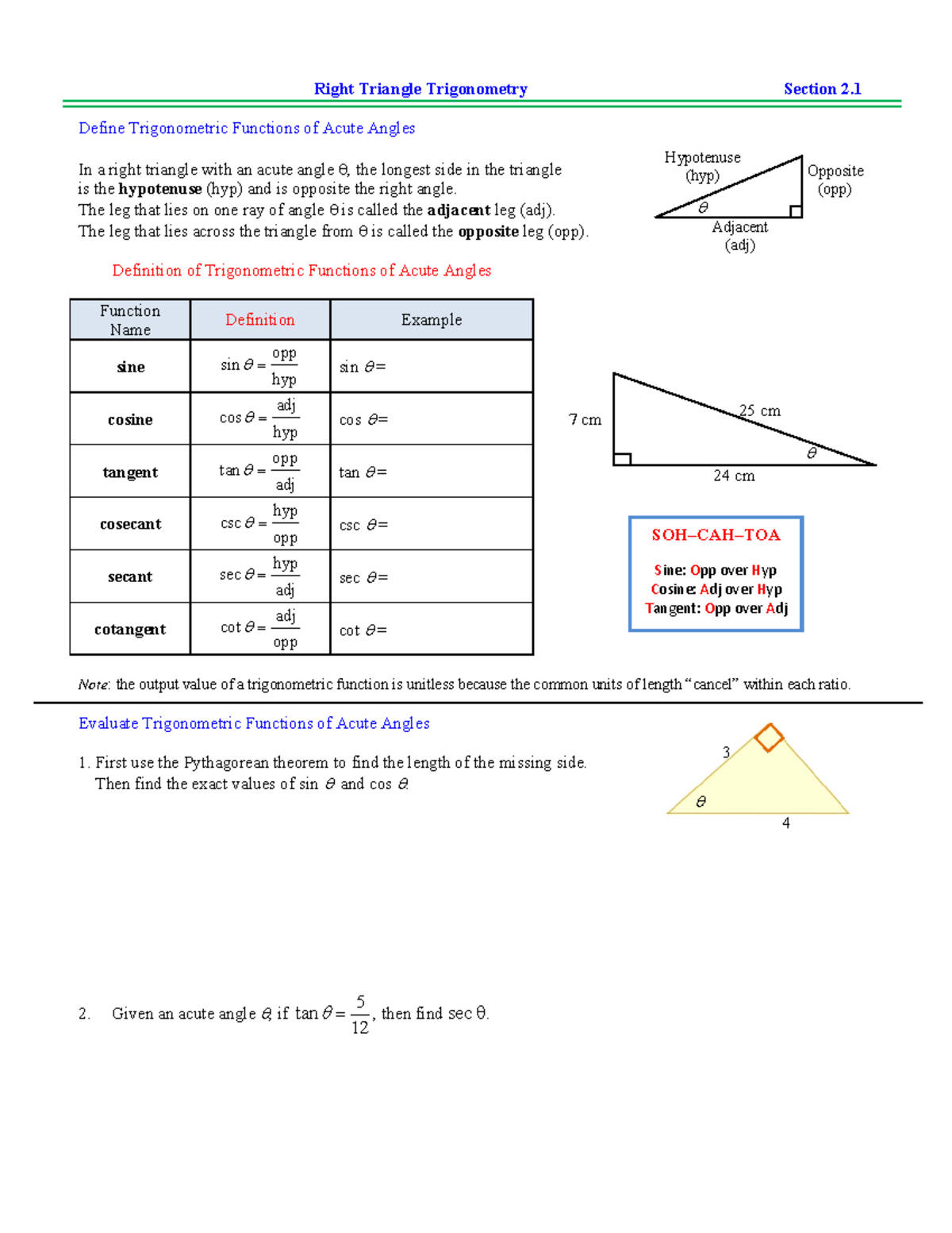 Trig Section 2.1 Right Triangle Trigonometry - Right Triangle ...