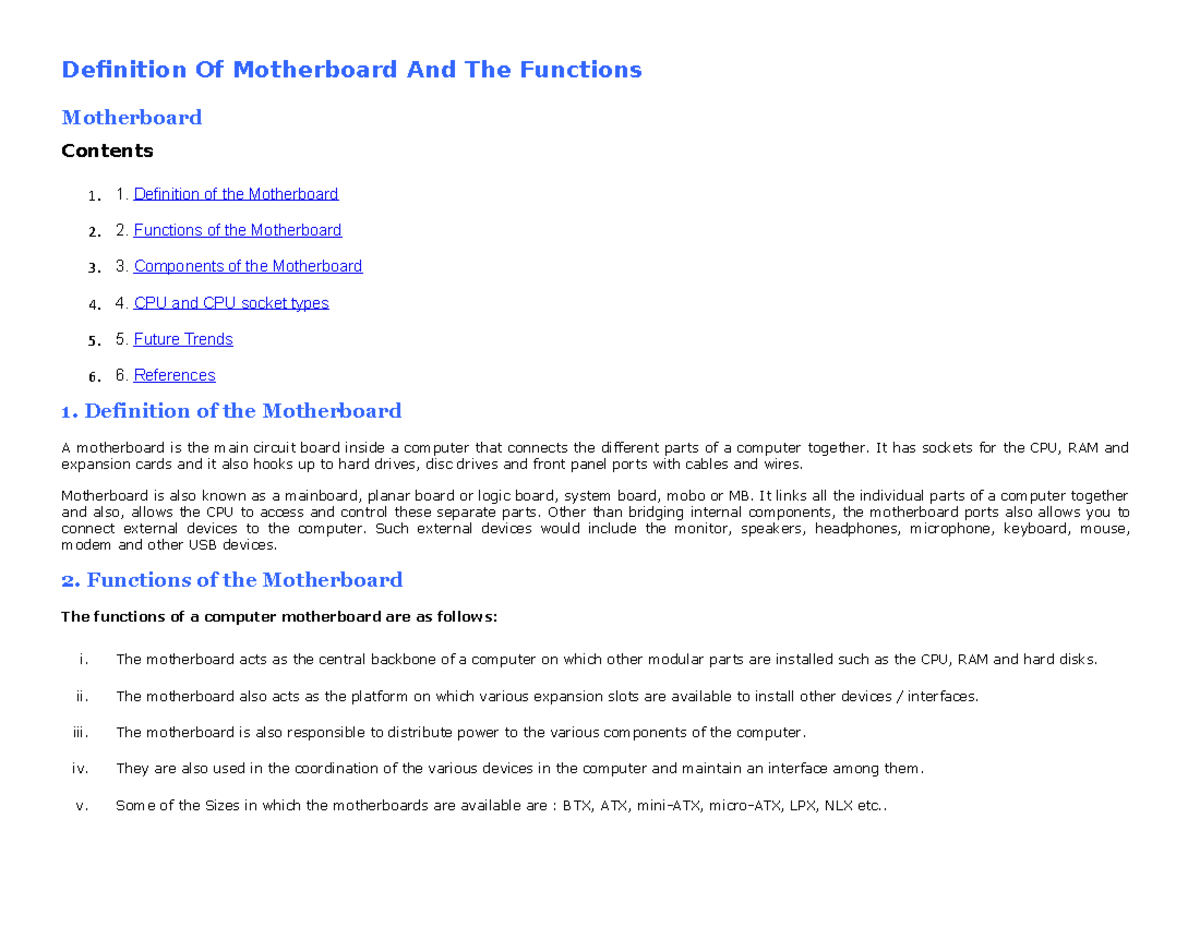 Definition Of Motherboard And The Functions - ####### Definition Of ...