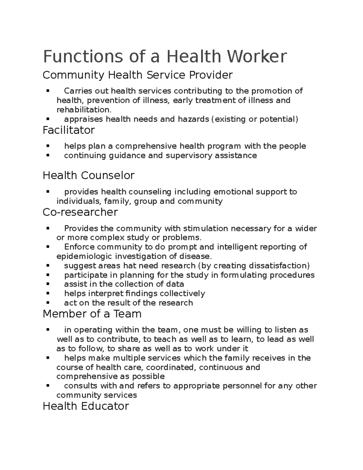 Nursing Notes -Functions of a Health Worker - Functions of a Health ...