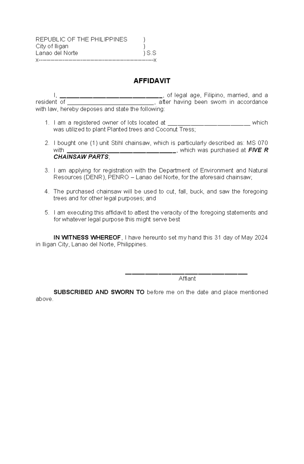 Affidavit - sample - REPUBLIC OF THE PHILIPPINES ) City of Iligan ...