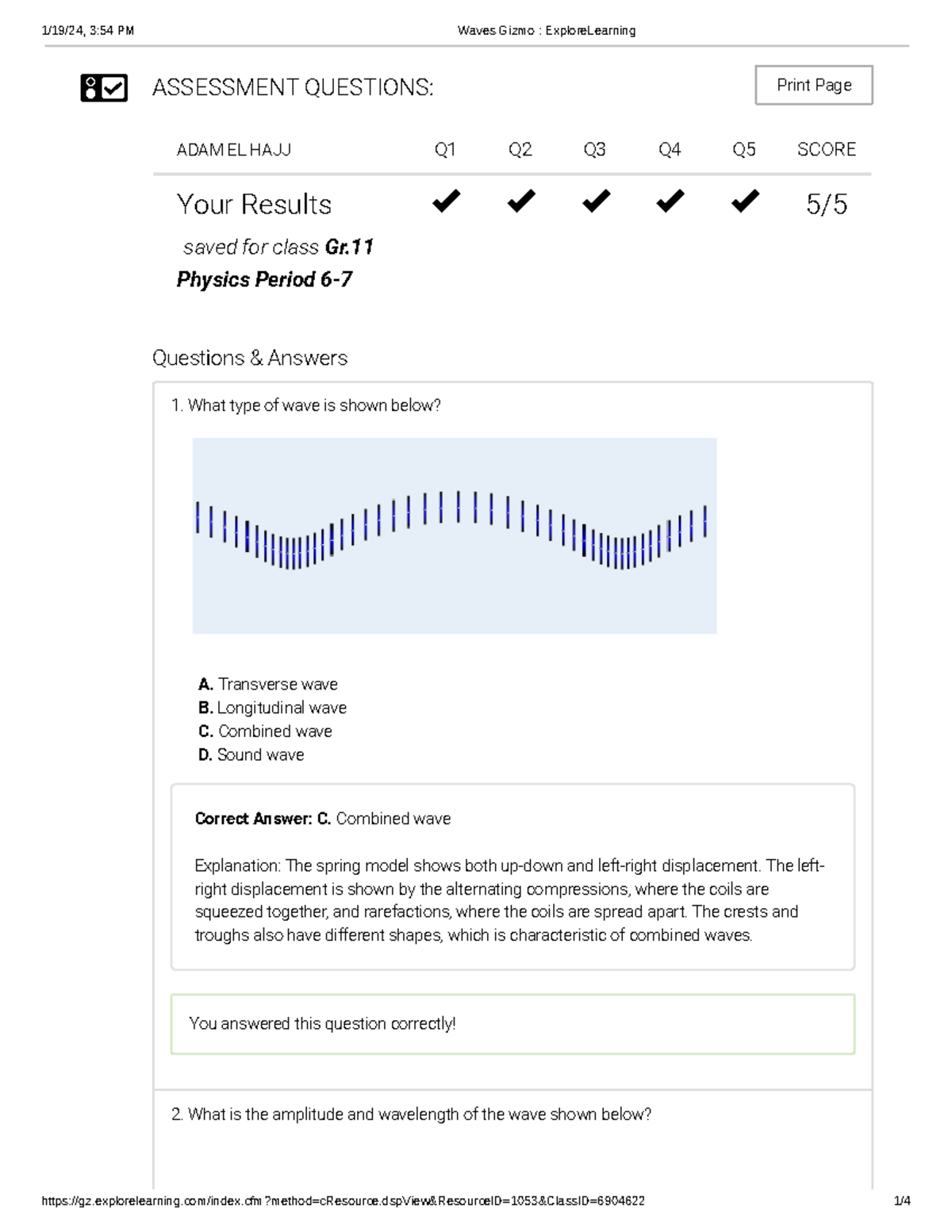 Waves Gizmo Explore Learning - ASSESSMENT QUESTIONS: Print Page ADAM EL ...