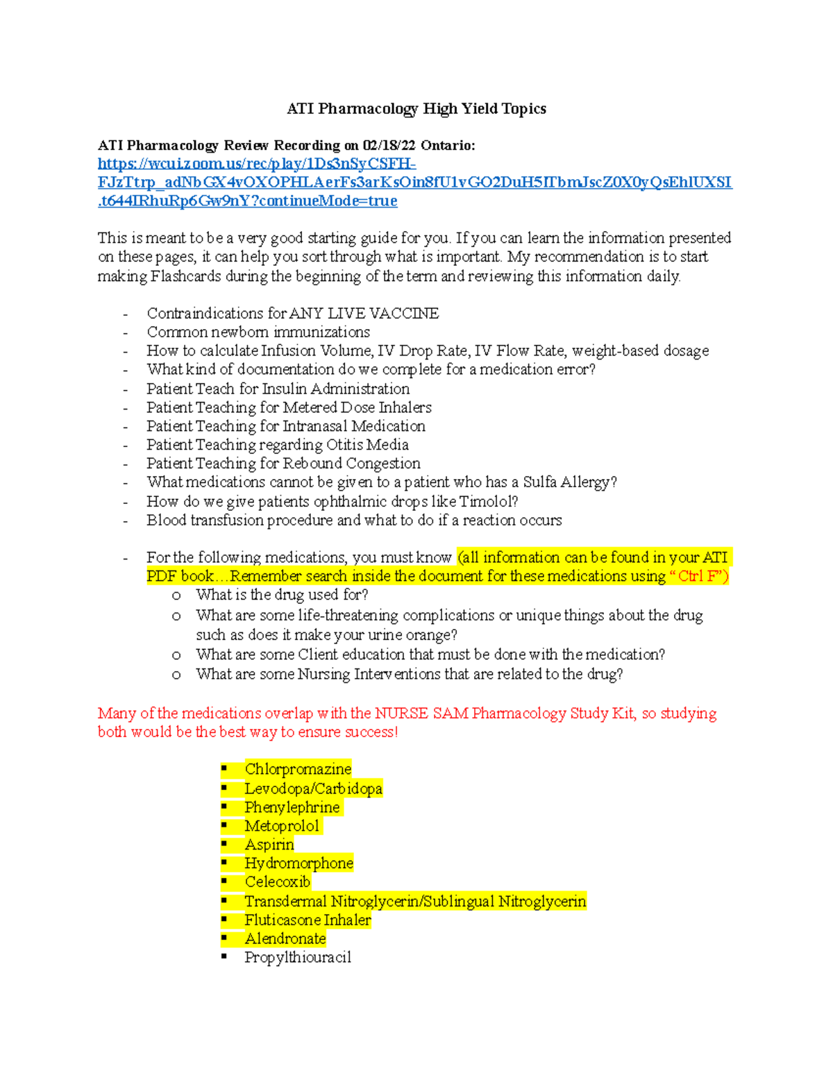 pharmacology study - ATI Pharmacology High Yield Topics ATI ...