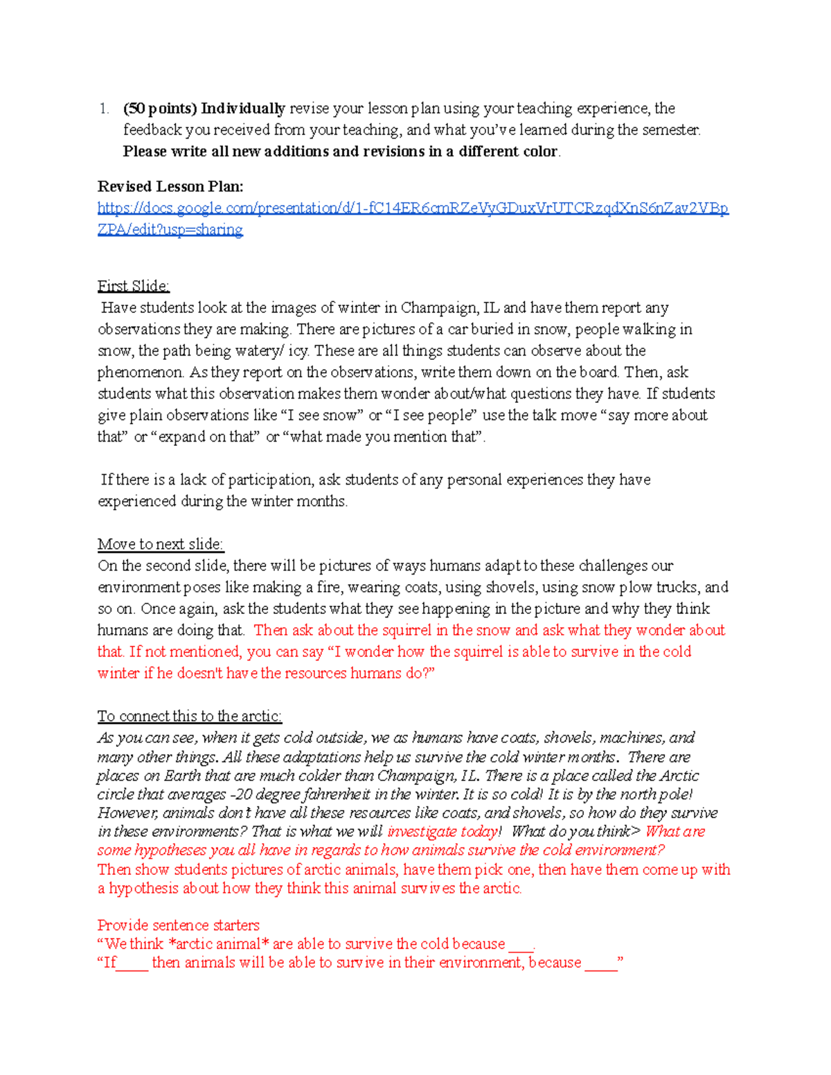 CI 451 Final - (50 points) Individually revise your lesson plan using ...