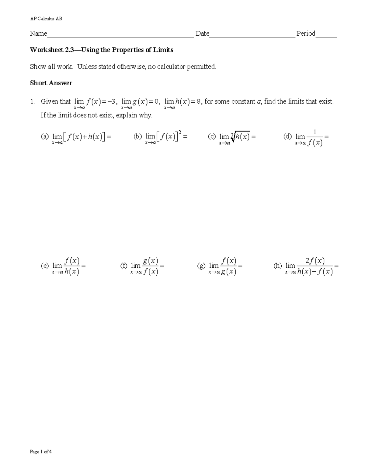 Properties of Limits Worksheet - ####### AP Calculus AB - Studocu