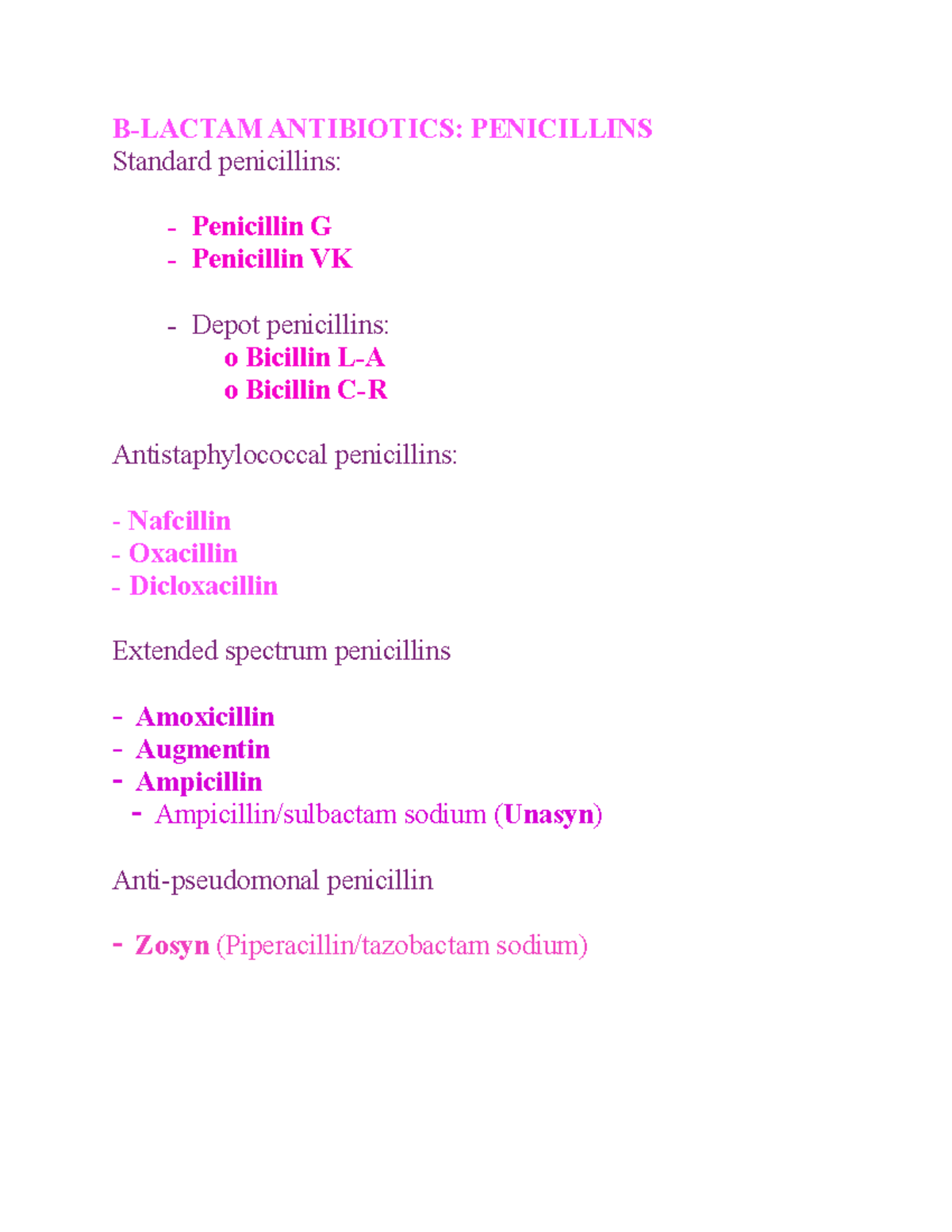 List of Drugs Antibiotics - B-LACTAM ANTIBIOTICS: PENICILLINS Standard ...
